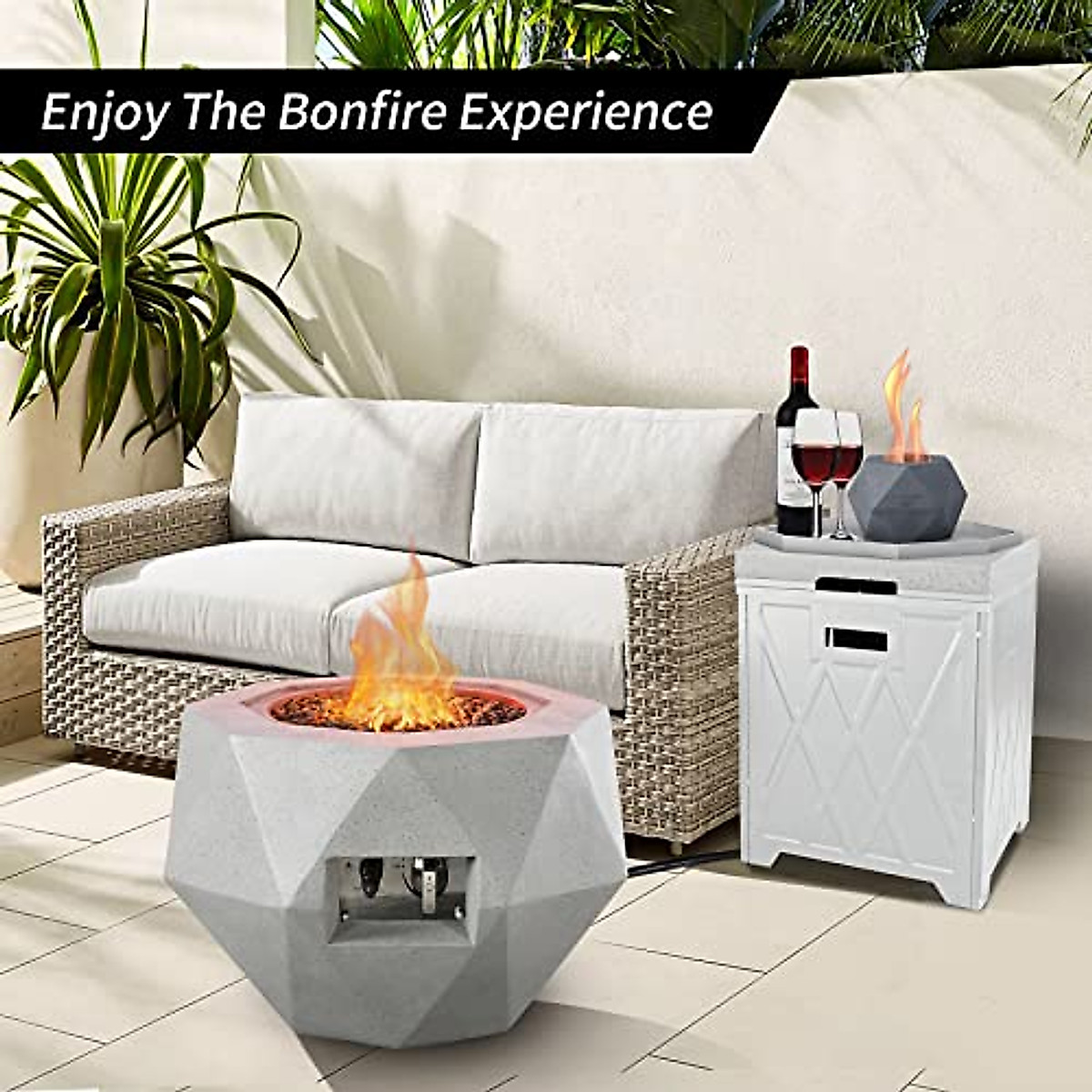 Kante 25" Concrete Propane Fire Pit Table with Assemble Tank Cover, 50,000 BTU Geometric Tray Style Lid for Outside Patio Garden,Comes Tabletop Pit, Lava Rock Light Gray (A-GF002-81904-SW01)