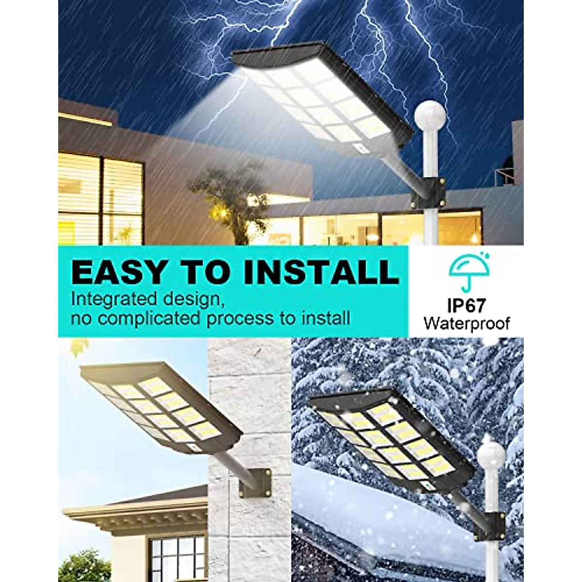 Opkiddle 2 Pack 1200W Solar Powered Street Lights Outdoor Waterproof, 120000 Lumens High Brightness Dusk to Dawn LED Lamp, with Pole, Remote Control, for Yard, Garden, Patio, Stadium, Piazza