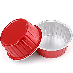 DEAYOU 100 Pack Aluminum Foil Ramekins with Lids, 5oz Muffin Cupcake Baking Liners Cups, 3" Round Disposable Recyclable Tart Pie Tin Pan Holder for Pudding, Party, Wedding, Oven Freezer Safe, Red