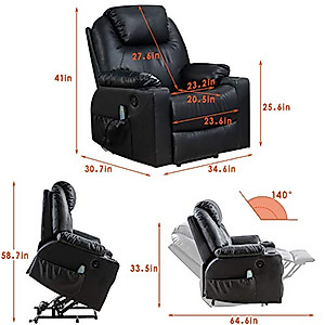 Electric Power Lift Chair Recliner Sofa for Elderly Massage Chair, Adjustable Furniture with Vibration Massage and Lumbar Heated,Remote Control,USB Ports for Living Room (Black, Leather)