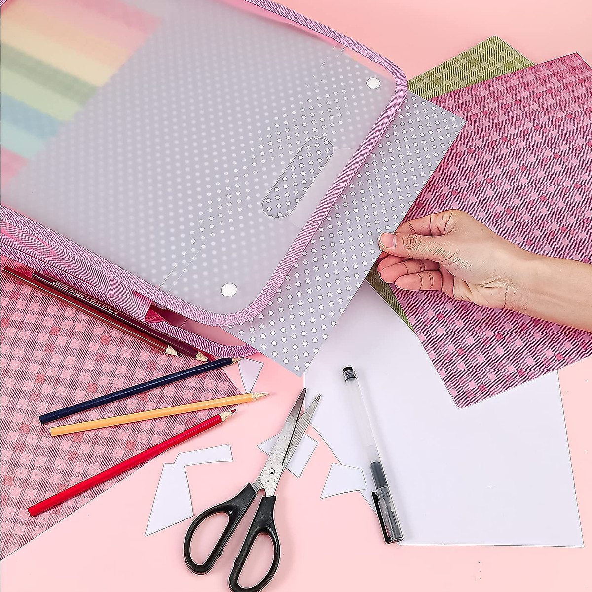 Caydo Scrapbook Paper Storage Organizer, Pink Expanding Paper Folio for 12 x 12 Sheets, Scrapbook Paper Storage with Transparent Portable Handle for Holding Scrapbook, Vinyl Paper, Cardstock