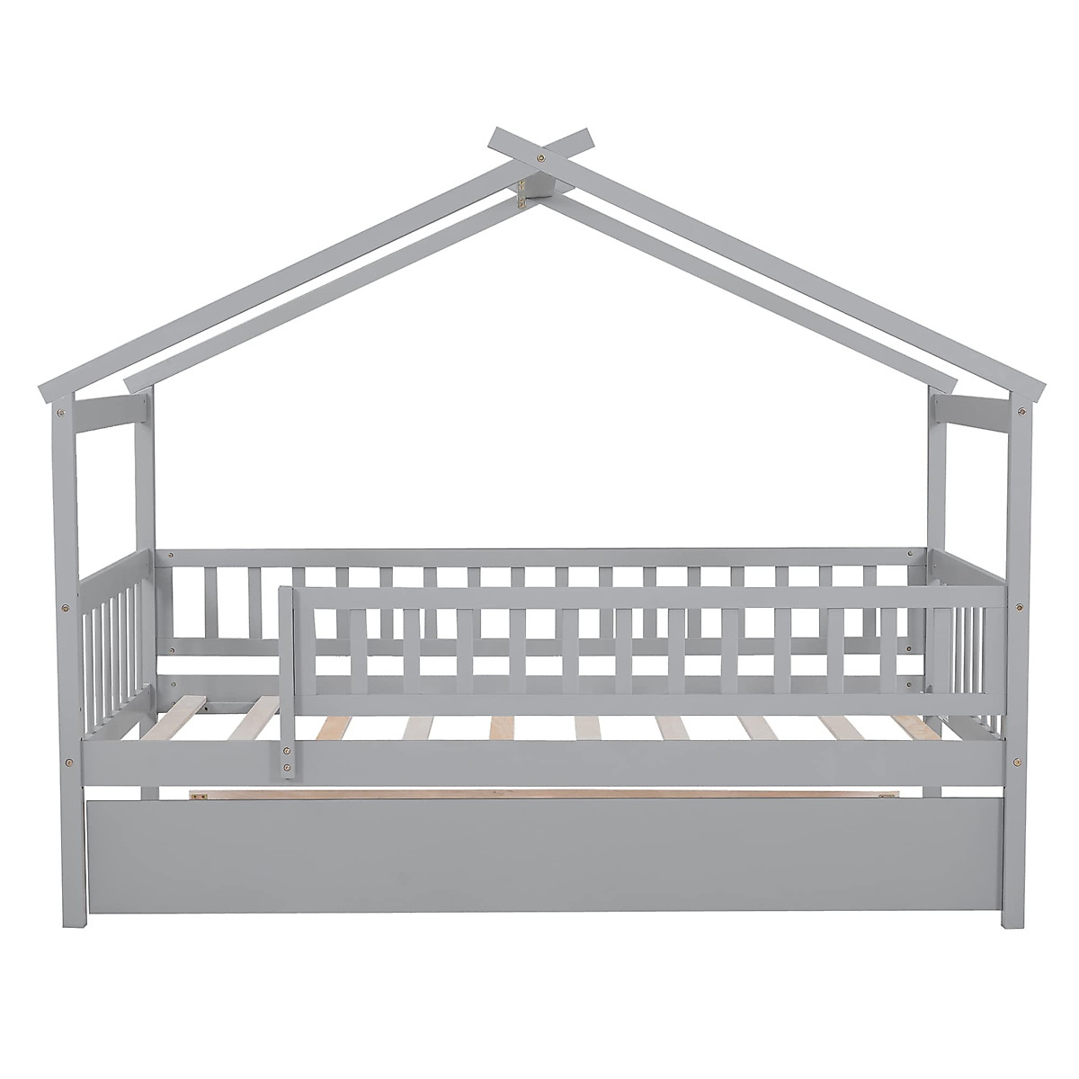 Twin House Bed with Trundle, Kids Twin Platform Bed Frame with Rails and Roof, Tent Bed, Wood Playhouse Bed Twin Montessori Bed for Kids Teens Girls & Boys, No Box Spring Needed (Gray)