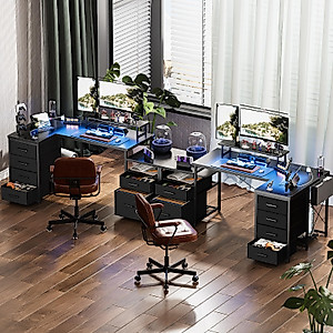 Unikito Reversible L Shaped Computer Desk with Fabric File Drawers, 70.8" Large Office Corner Desk with RGB LED Lights & Power Outlets & Monitor Stand & CPU Stand, Sturdy L Shape Gaming Desk, Black