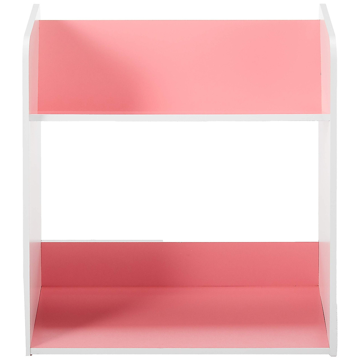 IRIS USA 2-Shelf Angled Bookshelf for Children, Short Inward Slant Bookcase Furniture for Kids Room Playroom Nursery to Safely Store and Organize Books Games Toys and Small Items, White and Pink