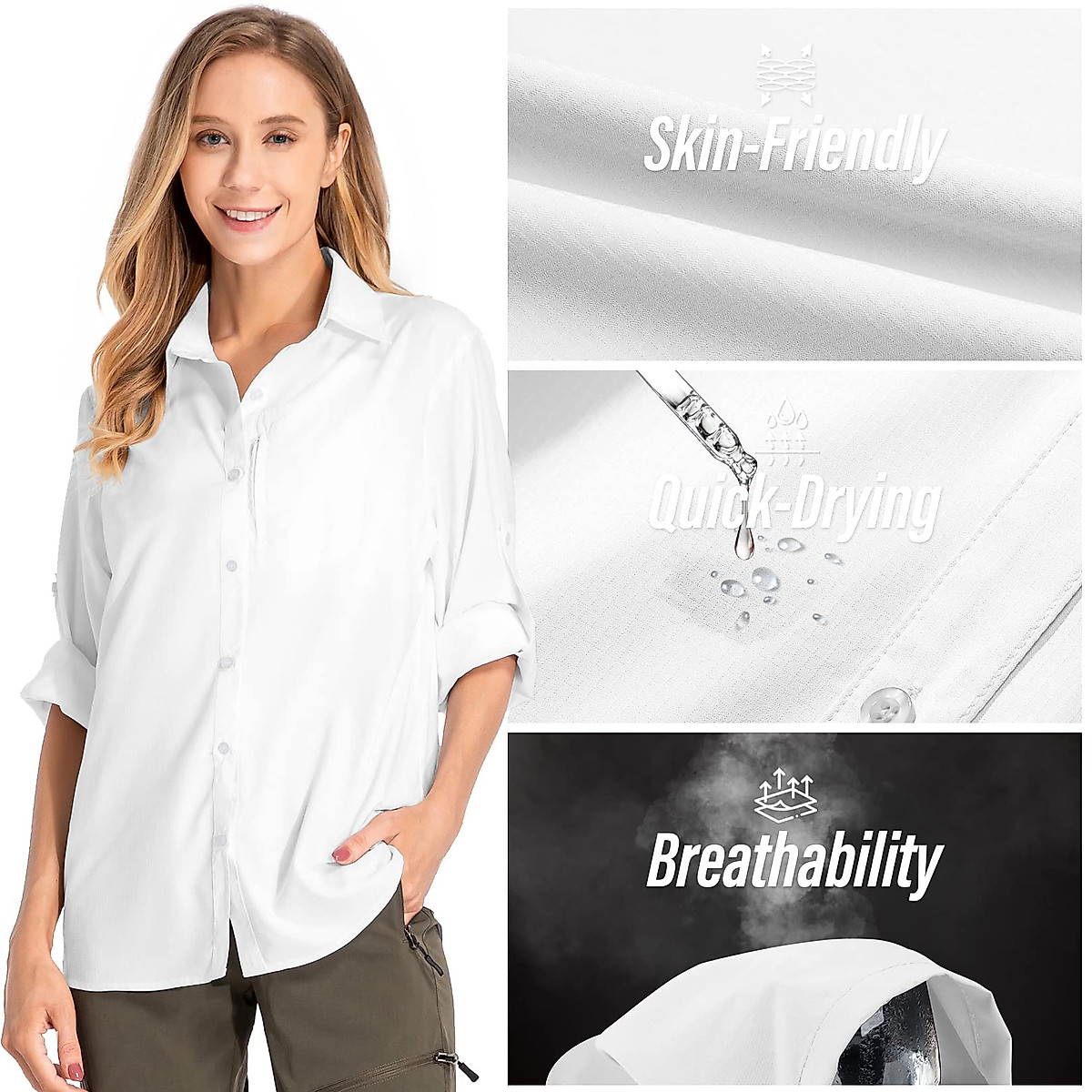 Women Sun Protection Shirts Long Sleeve UV Fishing Hiking Button Safari Dry Quick Lightweight Lightweight Shirts,5019 White,Medium