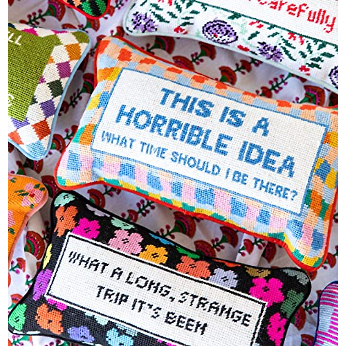 Furbish Handmade Needlepoint Decorative Throw Pillow - This is a Horrible Idea - 9" x 15" - Small Embroidered Accent Pillow for Bed, Chair, Couch, Sofa - Aesthetic Preppy Home Decor