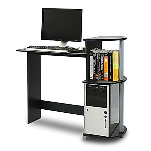 Furinno Compact Computer Desk with Shelves, Round Side, Black/Grey