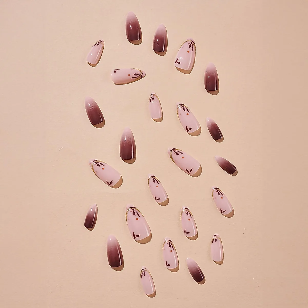 Fall Press on Nails Medium Almond SWEKKE Fake Nails Brown Gradient Full Cover Leaves False Nails with Designs Glitter Glossy Glue on Nails Manicure Artificial Acrylic Nails for Women Girls 24Pcs