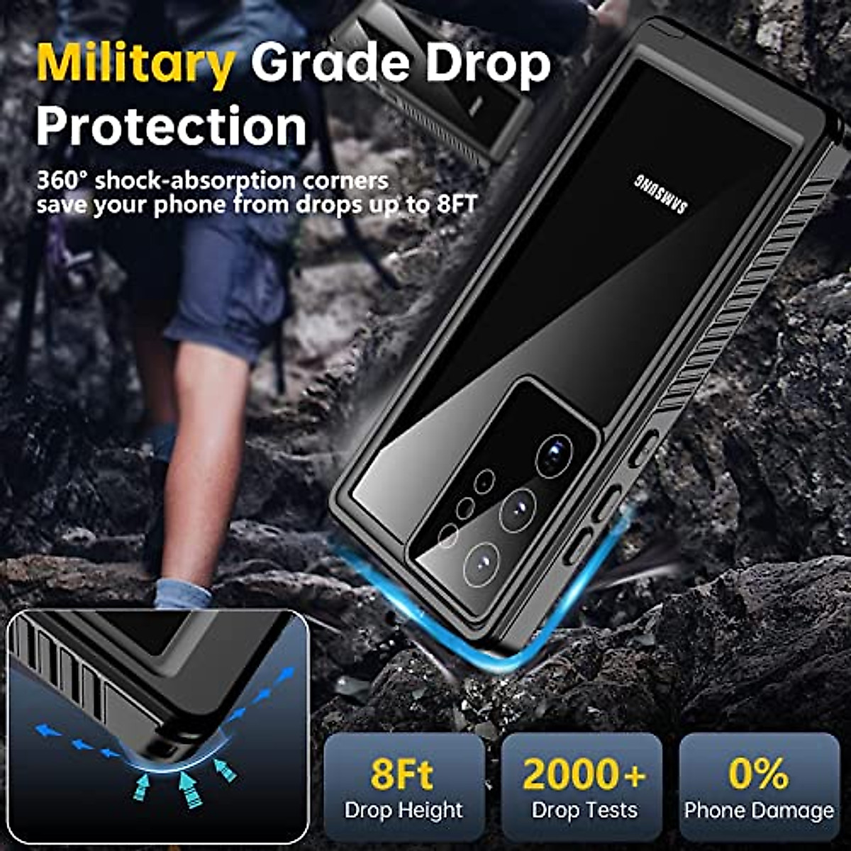 Oterkin for Samsung Galaxy S23 Ultra Case Waterproof,S23 Ultra Case with Built-in Screen&Camera Protector,360° Full Body Protection Dustproof Shockproof Heavy Duty Rugged Case for S23 Ultra-Black