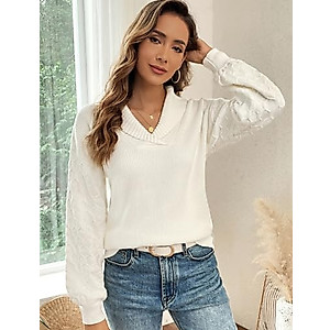 ZHENWEI Women's 2023 Fall Winter Long Sleeve V Neck Solid Color Casual Polo Collared Chunky Cable Knit Pullover Sweater Tops Cream White L