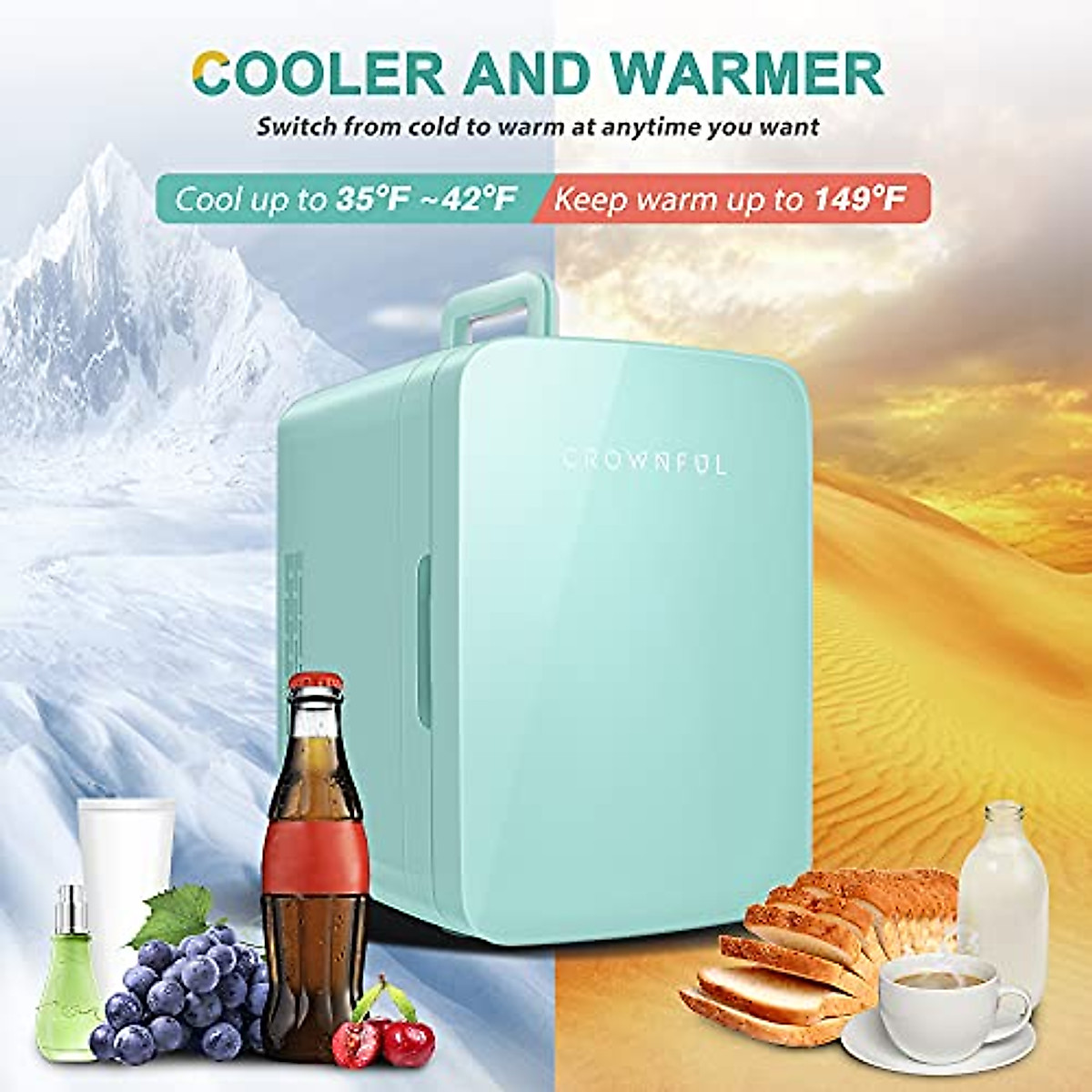CROWNFUL Multifunctional Mini Fridge, 10 Liter/12 Can Portable Cooler and Warmer Personal Fridge for Skin Care, Food, Medications, Plugs for Home Outlet & 12V Car Charger Included, ETL Listed