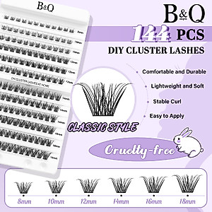 Lash Clusters 144PCS Volume Individual Lashes 8-18mm B&Q Eyelash Clusters Diy Cluster Eyelash Extensions Wispy Cluster Lashes Beginner Eyelash Extension Long Lasting Lashes Wispy(DTFD-Classic)