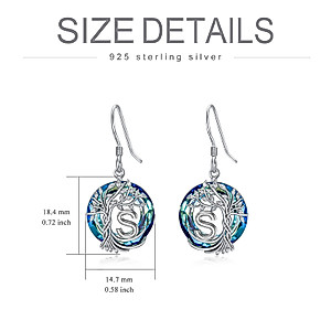 TOUPOP Tree of Life Initial Earrings 925 Sterling Silver Initial S Letter Drop Dangle Earrings with Blue Circle Crystal Family Tree Jewelry Anniversary Birthday Christmas Gifts for Women