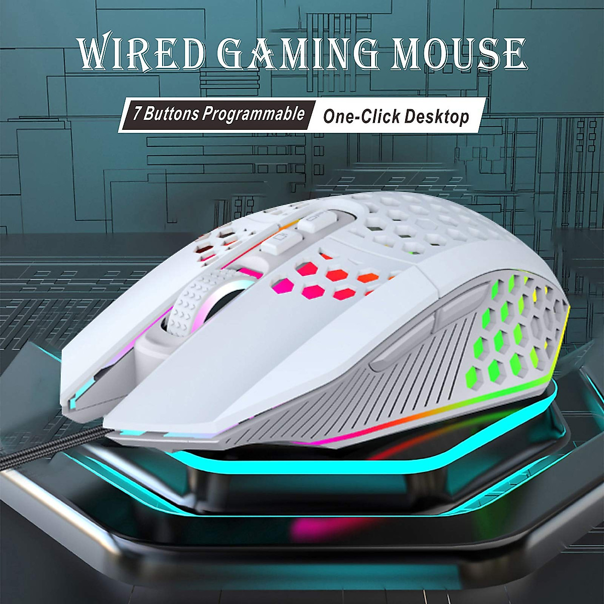 Uiosmuph X801 Wired Gaming Mouse, Honeycomb Lightweight Gaming Mouse with RGB Backlit, 7 Programmable Buttons and One-Click Desktop, 8000 DPI Optical USB Gamer Mouse for Mac, Laptop, Computer - White