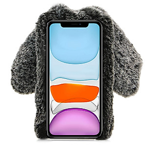 for iPhone XR Rabbit Case,MOIKY Plush Crossbody Cute Fluffy Bunny Ears Hairball Winter Soft TPU Case for Women Bling Rhinestone Shockproof Silicone Bumper Protection Cover - Black