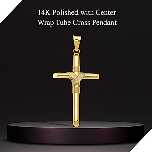 Diamond2Deal 14k Yellow Gold Polished Tube Cross Pendant for Women (L- 45.2 mm W- 23.6 mm)