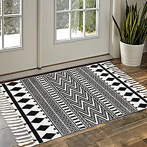 HEBE Cotton Area Rug Set 2 Piece 2'x3'+2'x4.2' Black and Cream Tribal Accent Rug with Tassels Boho Area Runner Rugs Throw Rug for Hallway, Entryway, Bathroom,Kitchen Floor, Laundry Room