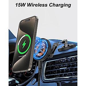 iAXBi Magnetic Car Mount Charger for MagSafe, 15W Wireless Fast Charger Phone Holder for Car with Adhesive, 360° Rotatable Zinc Alloy Handsfree Phone Stand