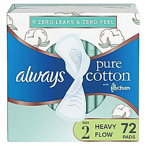Always Pure Cotton, Feminine Pads For Women, Size 2 Heavy Flow Absorbency, Multipack, With Flexfoam, With Wings, Unscented, 24 Count x 3 Packs (72 Count total)