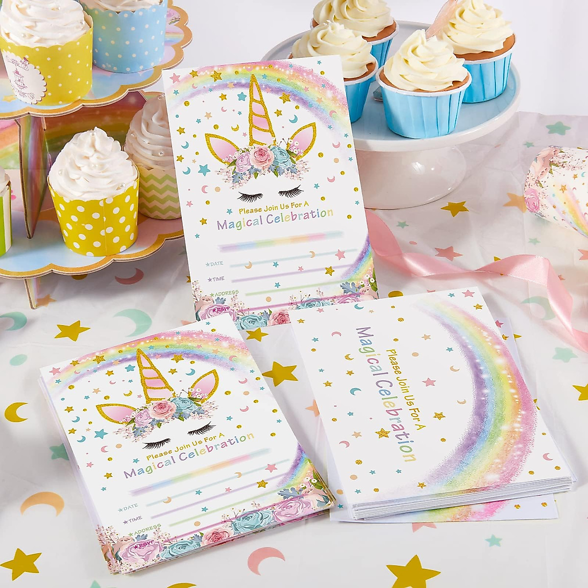 AMZTM Magical Unicorn Party Invitations with Envelopes for Kids Birthday Baby Shower Unicorn Party Supplies 20 Pieces of Fill-in Blank Invitation Card Kit