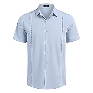 COOFANDY Men's Short Sleeve Guayabera Shirts Linen Cuban Camp Shirt~ Light Blue