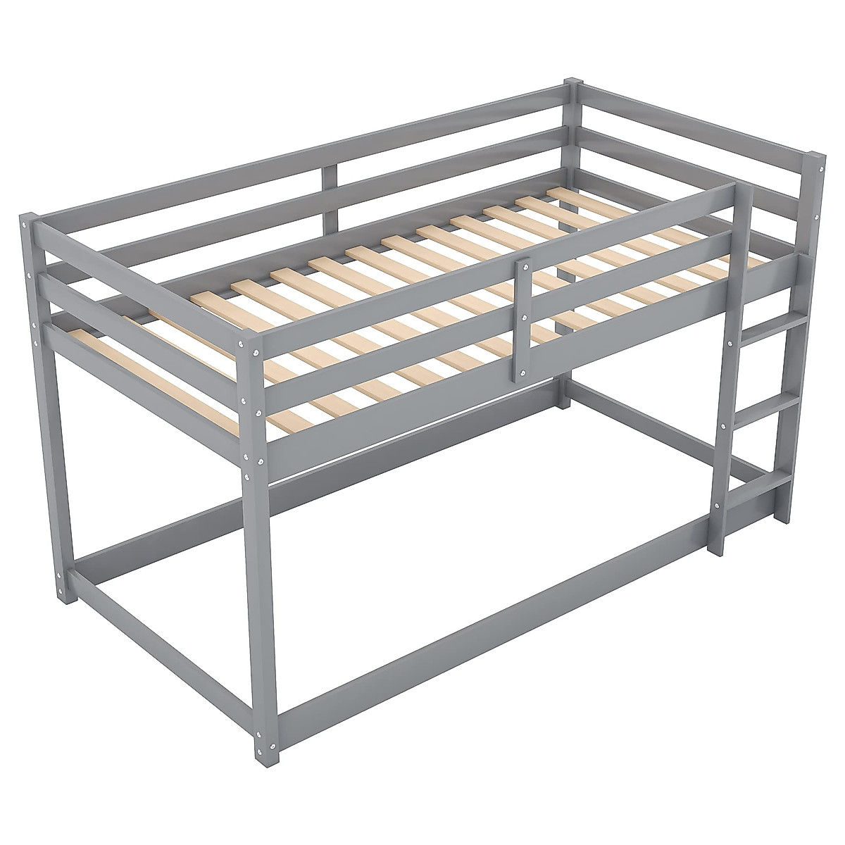 Harper & Bright Designs Low Bunk Bed Twin Over Twin, Wood Twin Kids Bunk Bed with Ladder, Floor Bunk Bed Frame for Boys, Girls, No Box Spring Needed, Easy Assembly, Grey