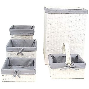 Five PC Hamper and Basket Set, White/Gray