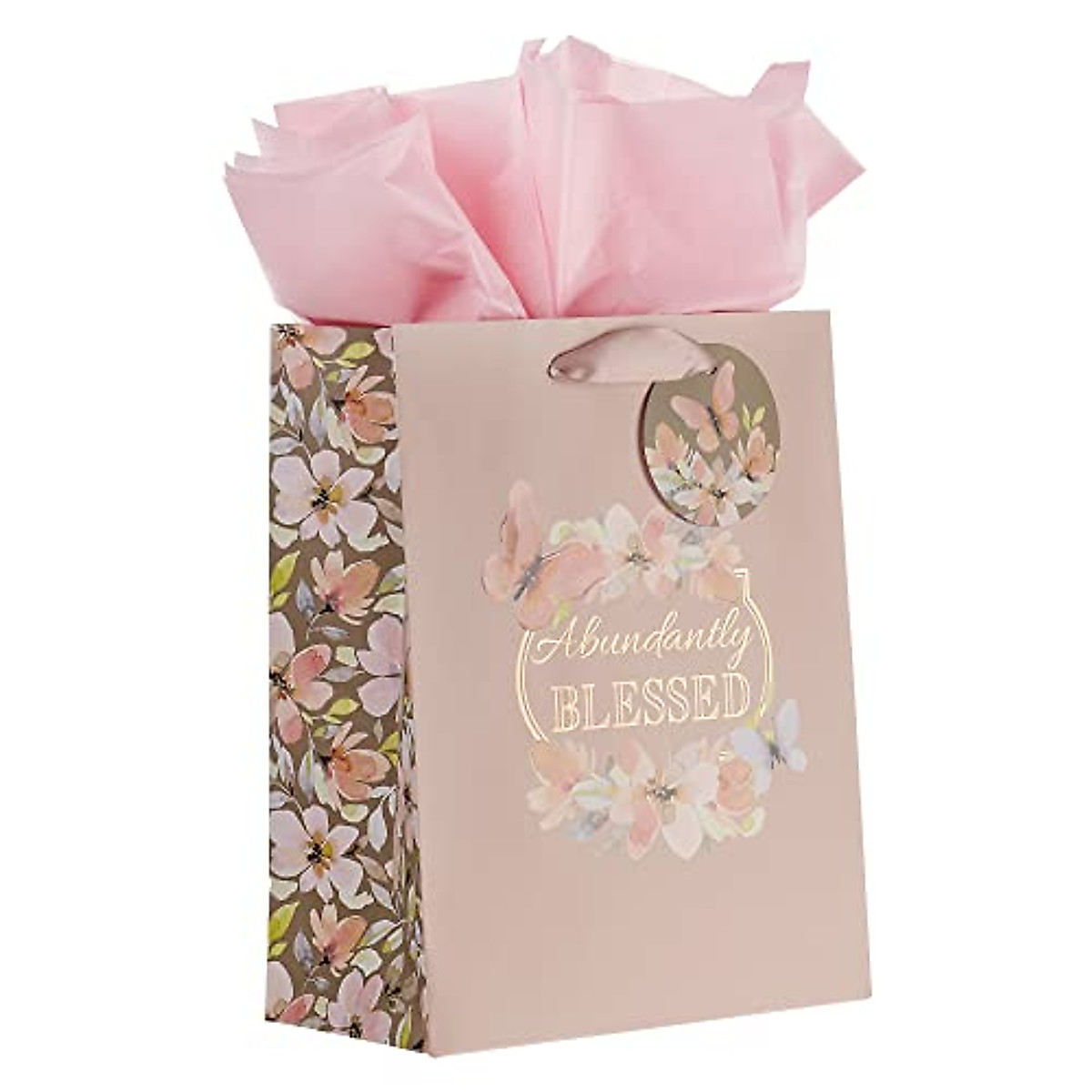 Christian Art Gifts Gift Bag/Tissue Paper Set Abundantly Blessed Deuteronomy 7:13 Bible Verse, Pink Butterfly, Medium