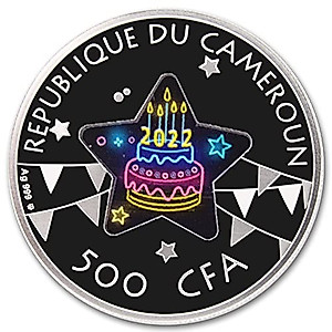 2022-17.5 g Cameroonian Proof Silver Happy Birthday Colored Coin in Contemporary Latex Case with Certificate of Authenticity 500 CFA Francs Seller Proof