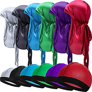 12 Pieces Kids Satin Silk Durag with Wave Caps Set Unisex Baby Durags 360 Wave Wide Strap Headwraps Long Tail Turban Beanies