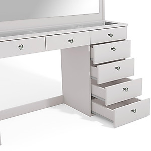 Boahaus Serena LARGE Makeup Vanity with Hollywood Lights Built-in, 7 Drawers, Hollywood Mirror, Hairdryer Hanger, Glass Top, Crystal Knobs, White Vanity Makeup Desk for Bedroom, 58'' Hx47''Wx17''D