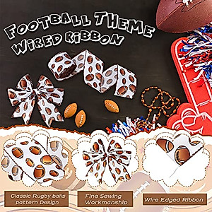 Football Wired Ribbon 2 Rolls 20 Yards Football Printed Wired Ribbon 2 Inches Wide Football Ribbon Football Wired Edge Ribbon for DIY Crafts Wreath Bow Package Wrapping Supplies, White Brown Black