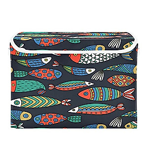 Kigai Colorful Fishes Storage Baskets for Shelves Foldable Closet Basket Storage Bins with Lid for Clothes Home Office Toys Organizers