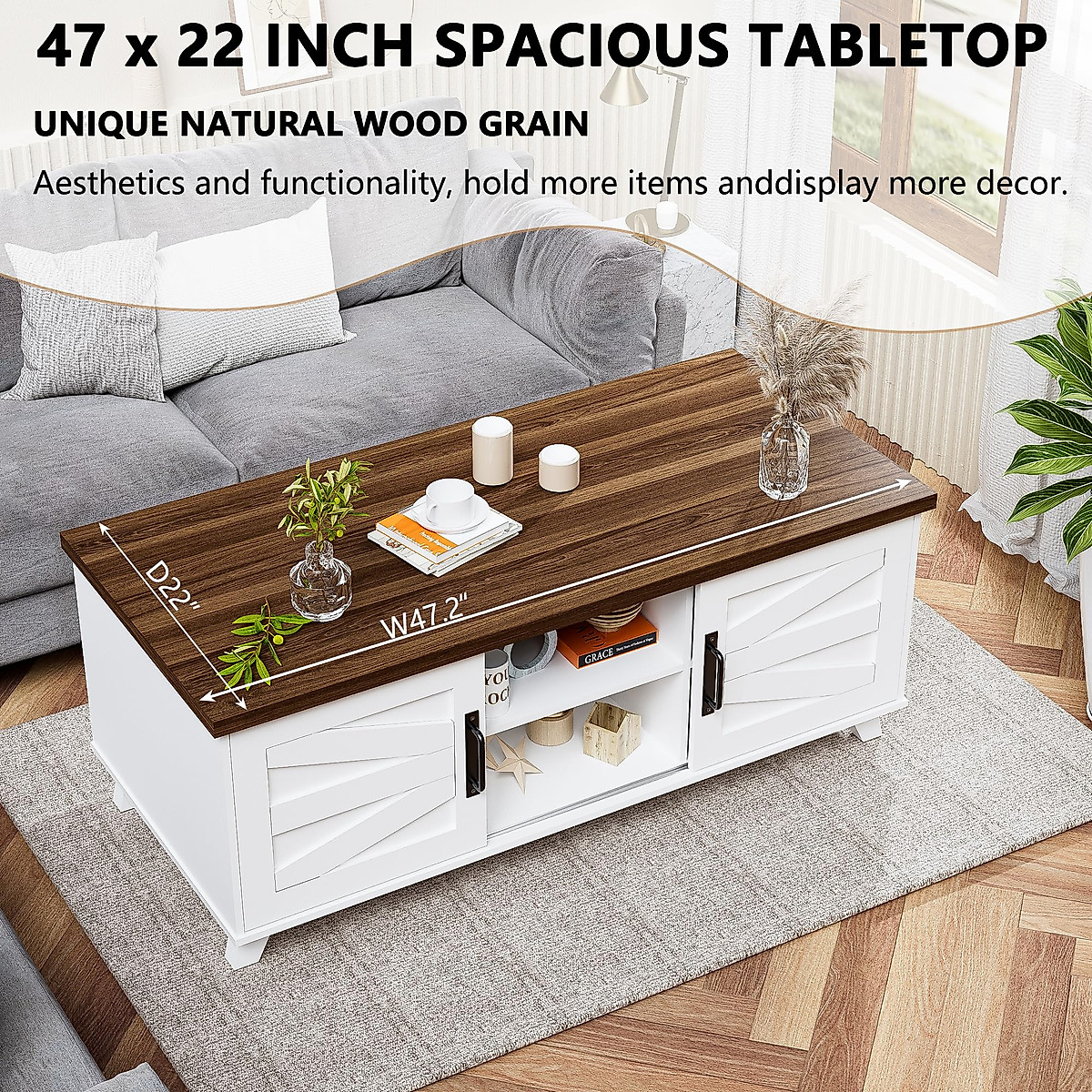 PAKASEPT Farmhouse Coffee Table with Sliding Barn Doors and Storage Cabinets Shelves, Center Table Rectangular Cocktail Table with Adjustable Shelves for Living Room, White