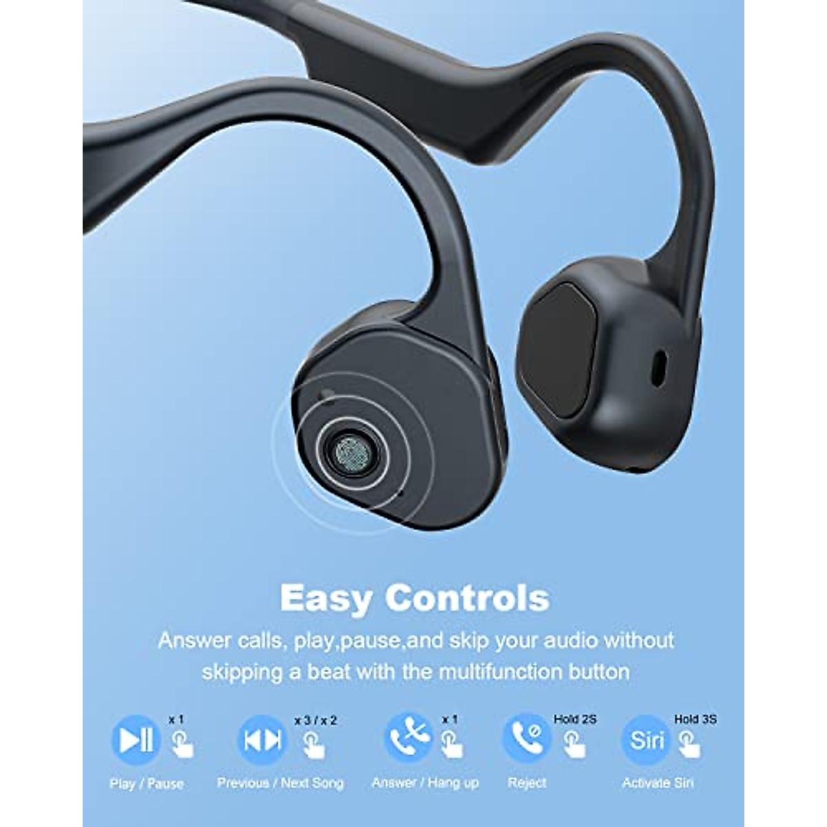 VIDONN Air Conduction Headphones Bluetooth 5.0 with Built-in Mic, Headphones Wireless Bluetooth, Sweatproof Headset for Running Hiking Driving Bicycling-Long Battery Life (Black)