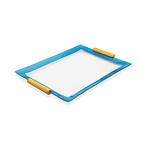 GAC Unique Design Blue Rectangular Tempered Glass Serving Tray with Wooden Handles – 10x14 Inch – Break Resistant – Dishwasher Safe - Attractive Colored Serving Platter