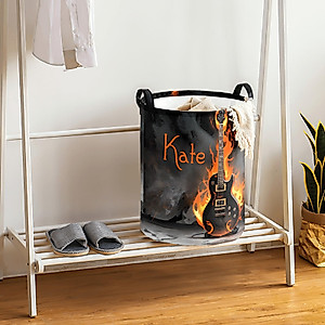 Personalized Laundry Basket Burning Guitar Custom Laundry Hamper Collapsible Clothe Storage Baskets with Knitting Handle