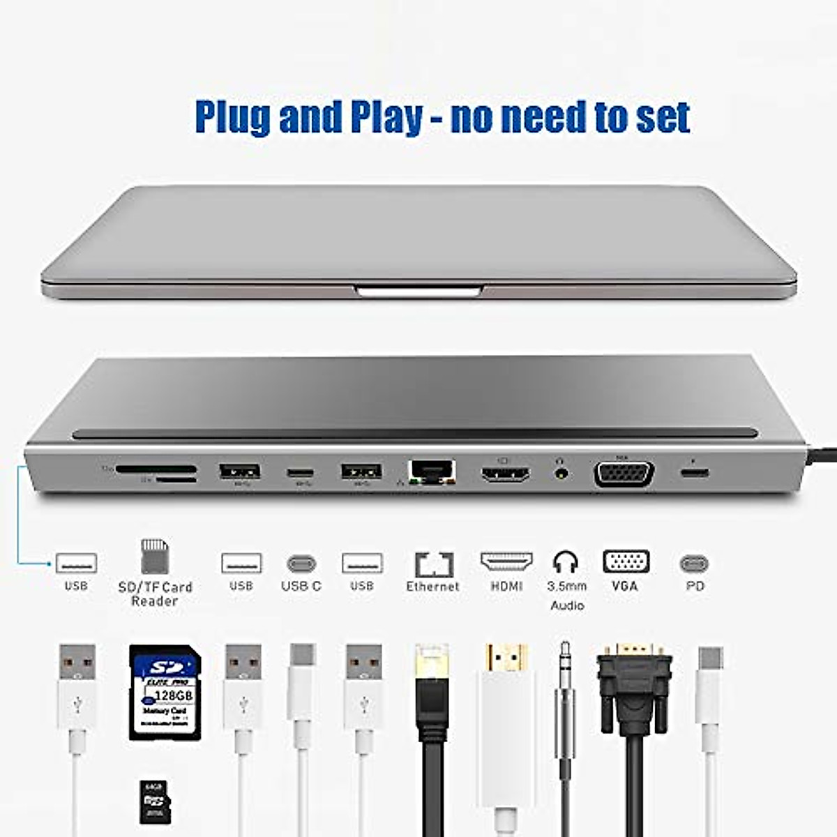 XUNMAIFHB Portable Docking Station,Type-C Multi-Function Docking Station hub hub MacBook Notebook Converter USB3.0/SD Card/RJ45/HDMI/VGA/Stereo Fast Transmission, Gray