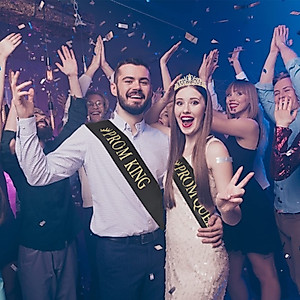 Prom King and Queen Crown Set, Prom King and Queen Sashes Gold Queen Crown, Prom Decorations School Prom, Graduation Party School Party Accessories, Black Satin Sash with Gold Print