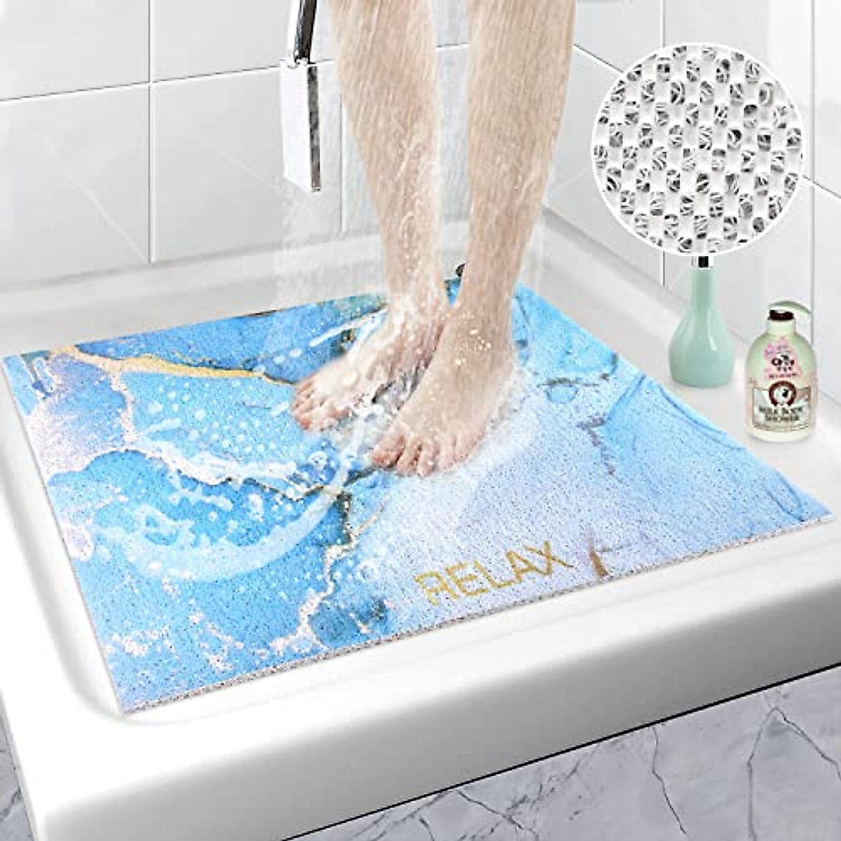 Square Shower Mat Non Slip, 24x24 inch, PVC Loofah Shower Floor Mat with Drain, Soft Comfort Bath Mat Massage Bathtub Mat for Shower, Bathroom, Quick Drying (24”x24”, Relax Waves)