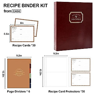 CAGIE Leather Recipe Binder with Plastic Sleeves Recipe Notebook with 5.7"x8" Recipe Cards & Card Divider 3 Ring Binder Recipe Book to Write in Your Own Recipes, 10.5"x12.5", Red Brown