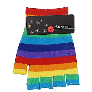 Bienvenu Unisex Half Finger Gloves Kint Convertible Fingerless Winter Mitten, Rainbow