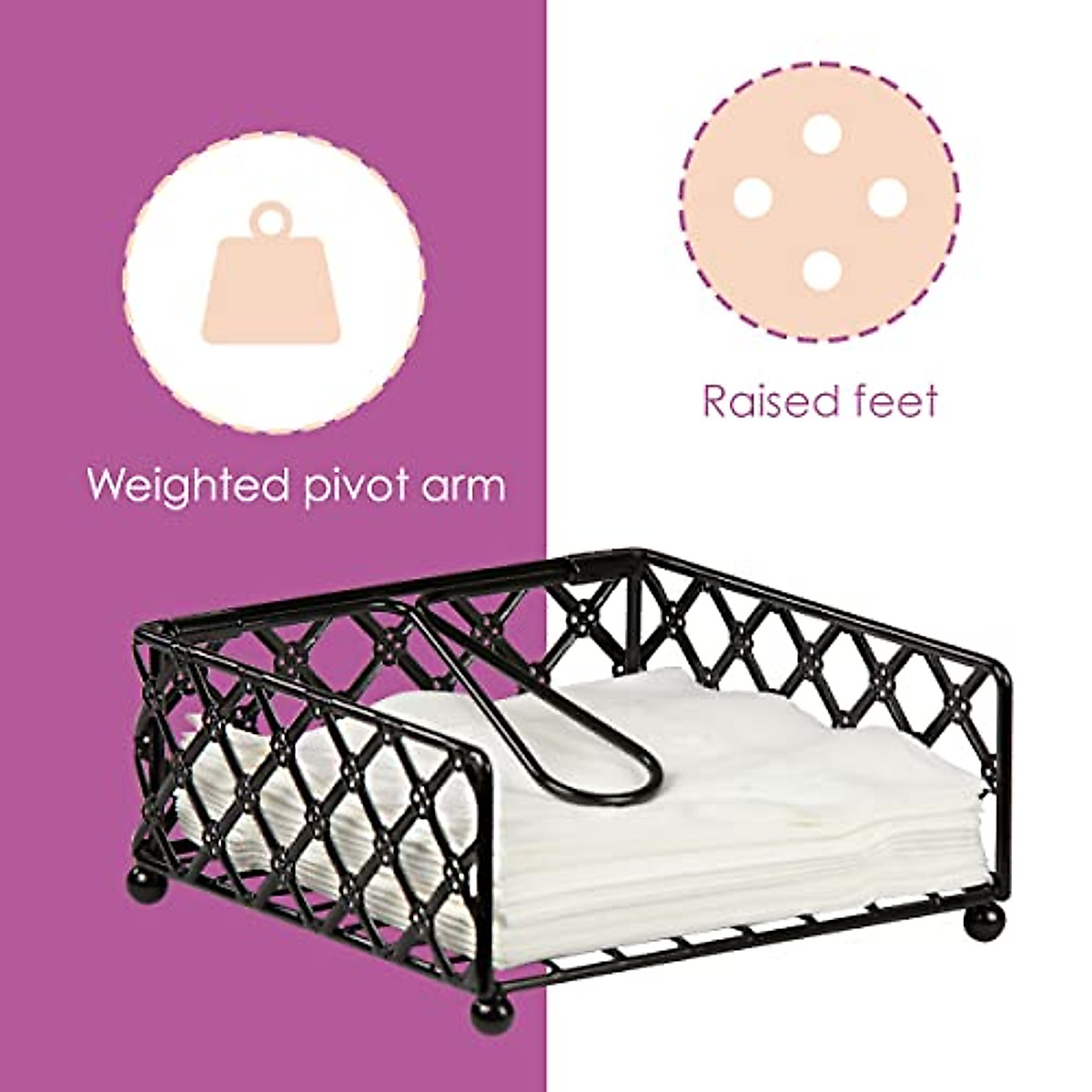 Lattice Collection Flat Napkin Holder (Black), By Home Basics, With Weighted Pivoting Arm | Large Napkin Holder/Napkin Holders For Kitchen