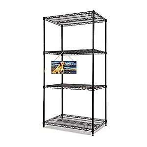 GOYUWEN 4-Shelf Storage Rack Adjustable and 1 Wood Pendant Painting, Heavy Duty Storage Shelving Unit with 350 lbs Loading Capacity, Steel Organizer Wire Rack(Black, 4-Shelf 22"x47"x13.8")