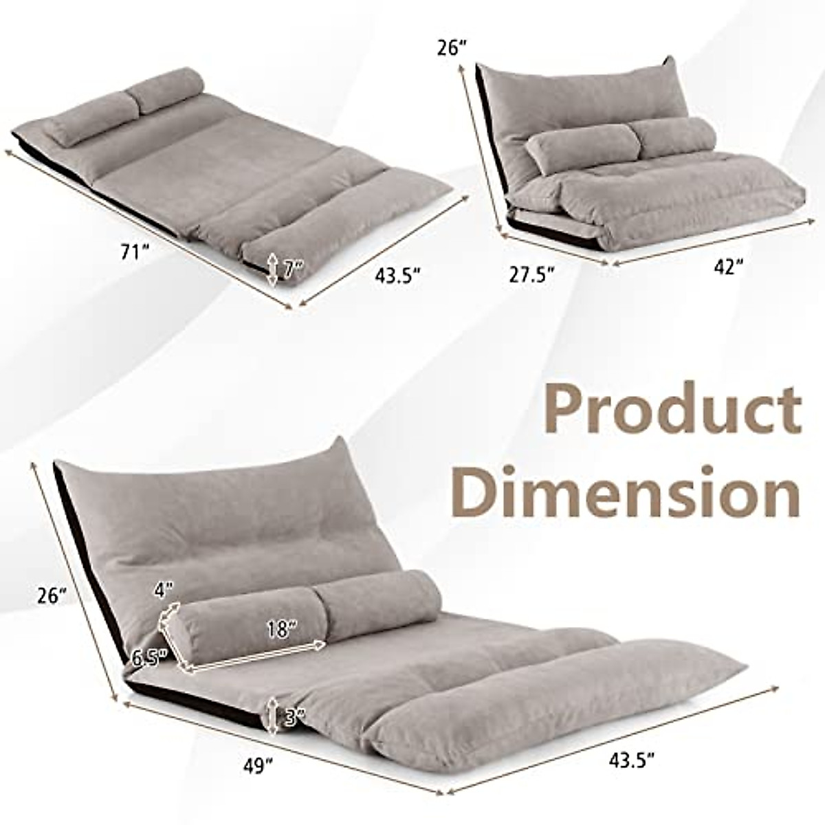 TUOCHUFUN Fluffy Lazy Sofa, Adjustable Floor Sofa Bed with 2 Lumbar Pillows (Gray)