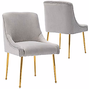 Wahson Velvet Upholstered Dining Chair with Brass Legs, Modern Accent Chair for Dining Room/Living Room/Bedroom, Set of 2, Grey
