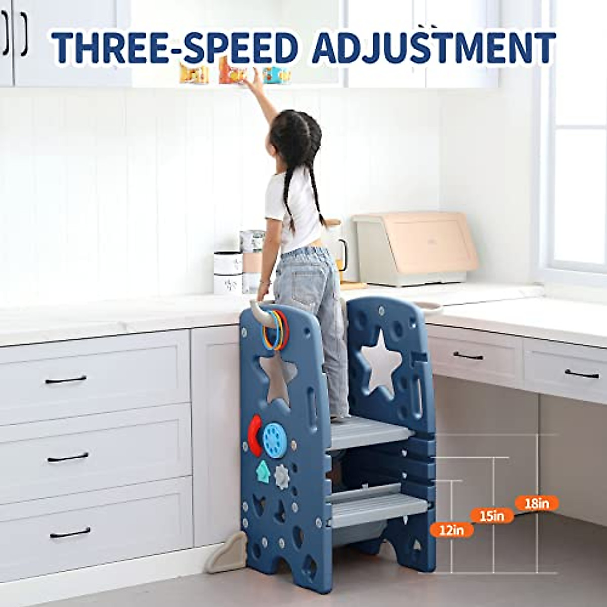 UNICOO –Kids Kitchen Step Stool with Double Safety Rails, Toddler Learning Stool with 3 Adjustable Heights and Non-Slip Foot Pads, Toddler Tower for Kitchen Countertop and Bathroom (OMLT-Dark Blue)