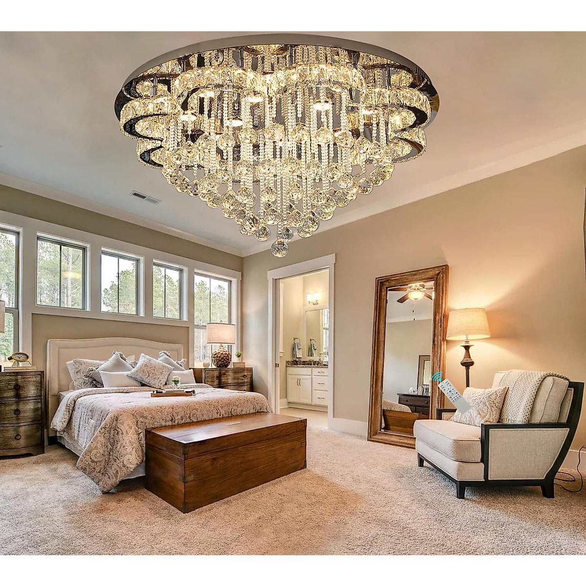 W32inches Modern Raindrop Crystal Chandeliers Flush Mount Ceiling Chandeliers for High Ceiling Entrance Foyer Bedroom Dining Room Living Room LED Dimming 2700k 4500k 6000k Contemporary Chandelier