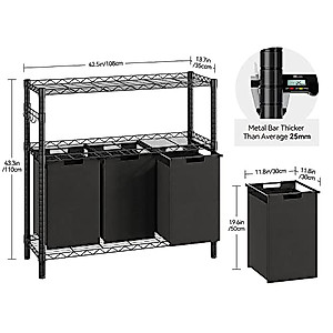 Laundry Sorters with 3 X 45L Laundry Bags & 2 Tier Adjustable Storage Shelf, Pull-Out and Removable Oxford Fabric Laundry Baskets, Black