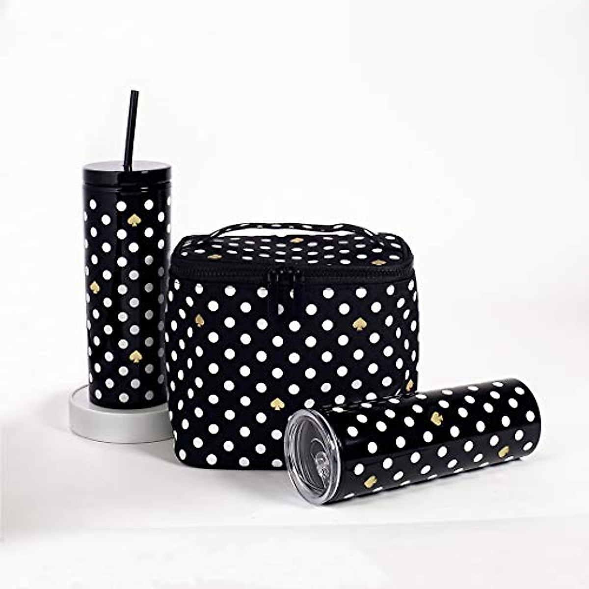 Kate Spade New York Black Insulated Lunch Tote, Small Lunch Cooler, Thermal Bag with Double Zipper Close and Carrying Handle, Polka Dots